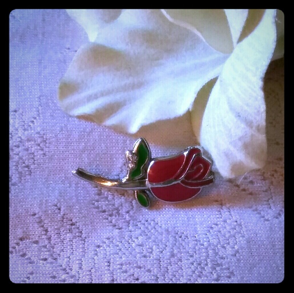 Vintage | Jewelry | Vintage Enamel Red Rose Rhinestone Pin | Poshmark